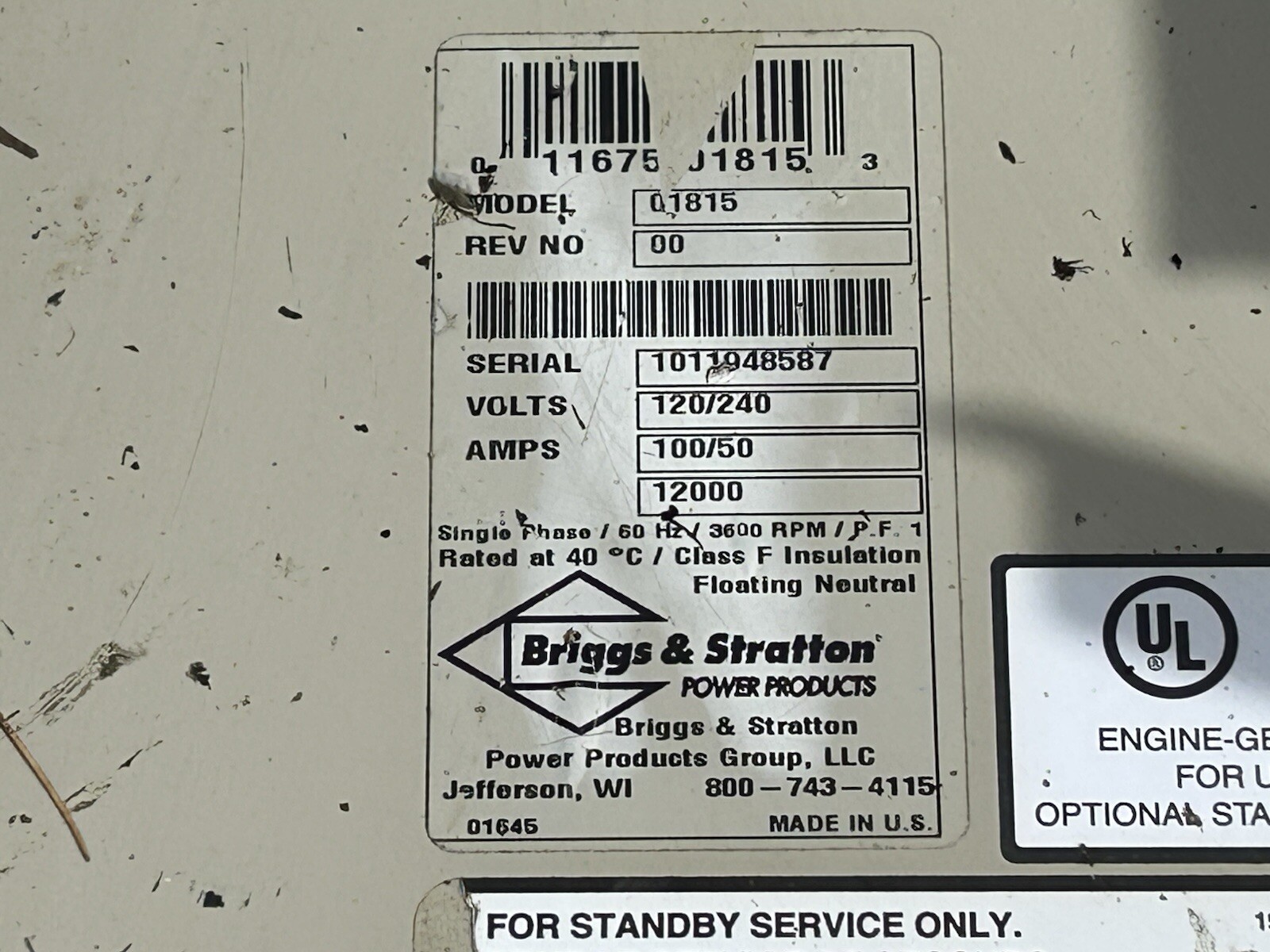 Briggs Stratton Generac Milbank Home Standby Generator 12KW Head ...