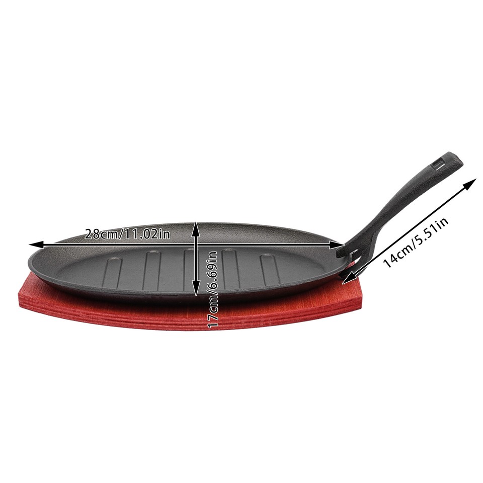 Steak Sizzle Plate Iron Skillet Grill Pan BBQ Grillpan Flat W/ Wood ...