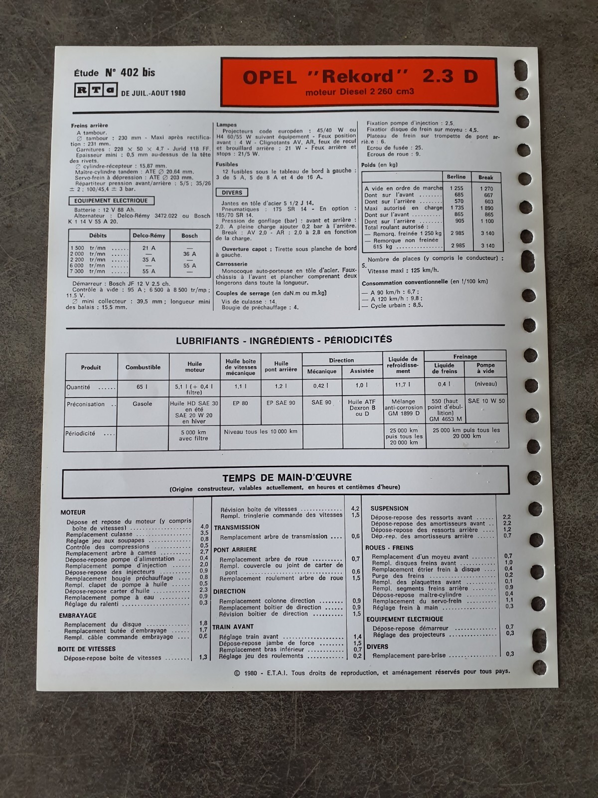 FICHE TECHNIQUE AUTOMOBILE OPEL REKORD 2,3 D | eBay