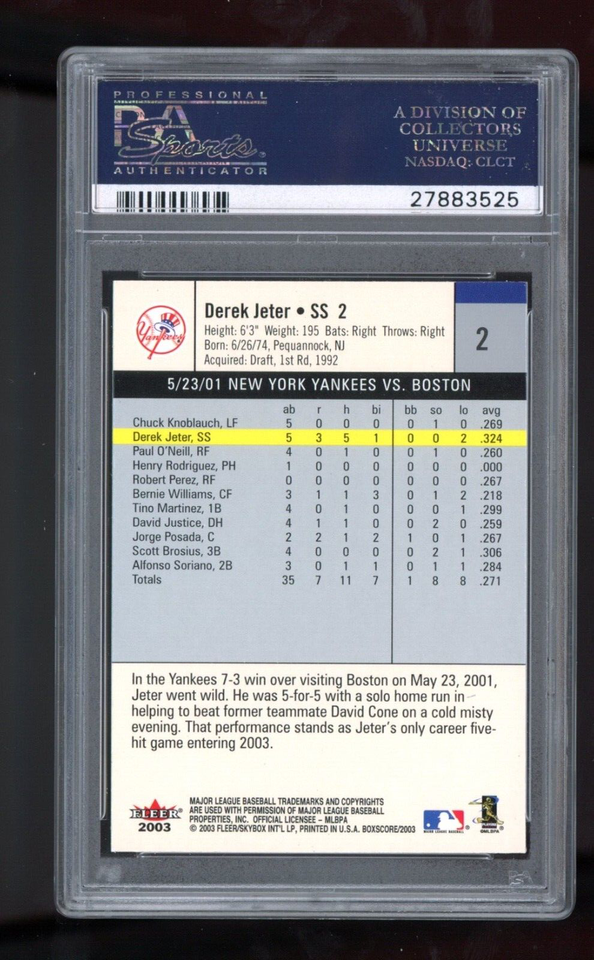 2003 Fleer Box Score PINK SP First Edition DEREK JETER #2 PSA 10 HOF ...