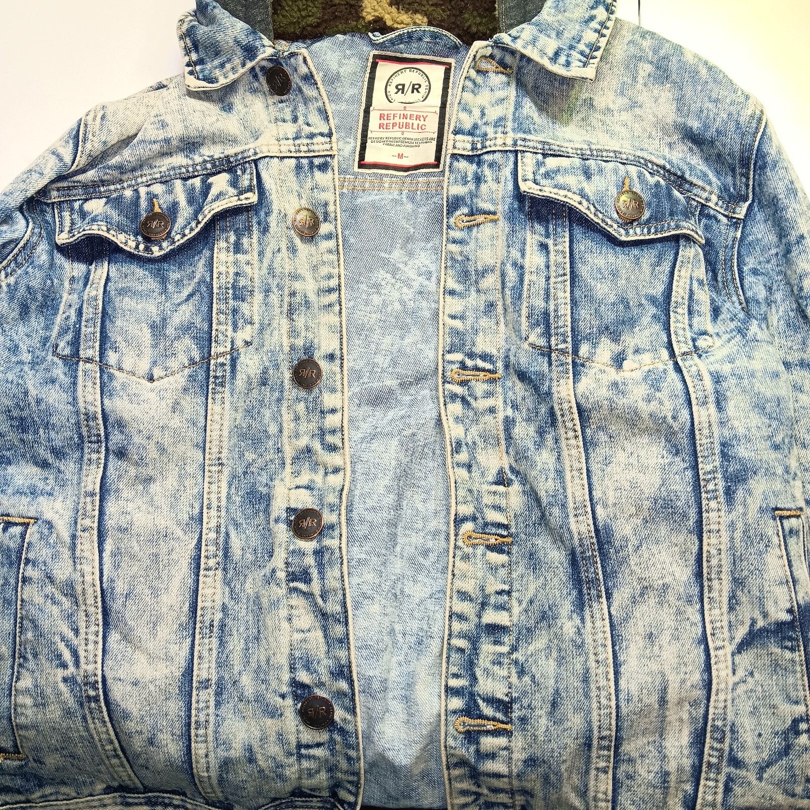 Refinery Republic Denim Camo Hooded Jacket Mens Medium - Gem