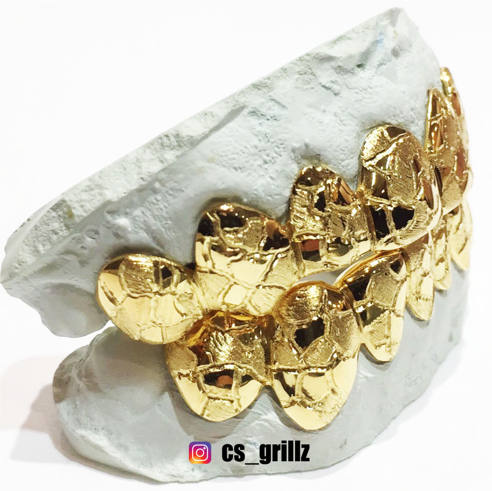 SOLID 10K 14K YELLOW GOLD NUGGET CUT DESIGN HANDMADE CUSTOM FIT GRILL ...