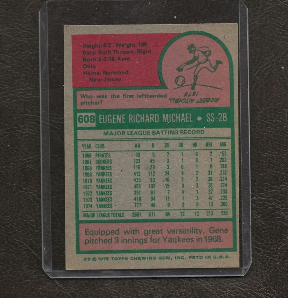 1975 Topps Baseball #608 Gene Michael, New York Yankees, NM-MT! | eBay