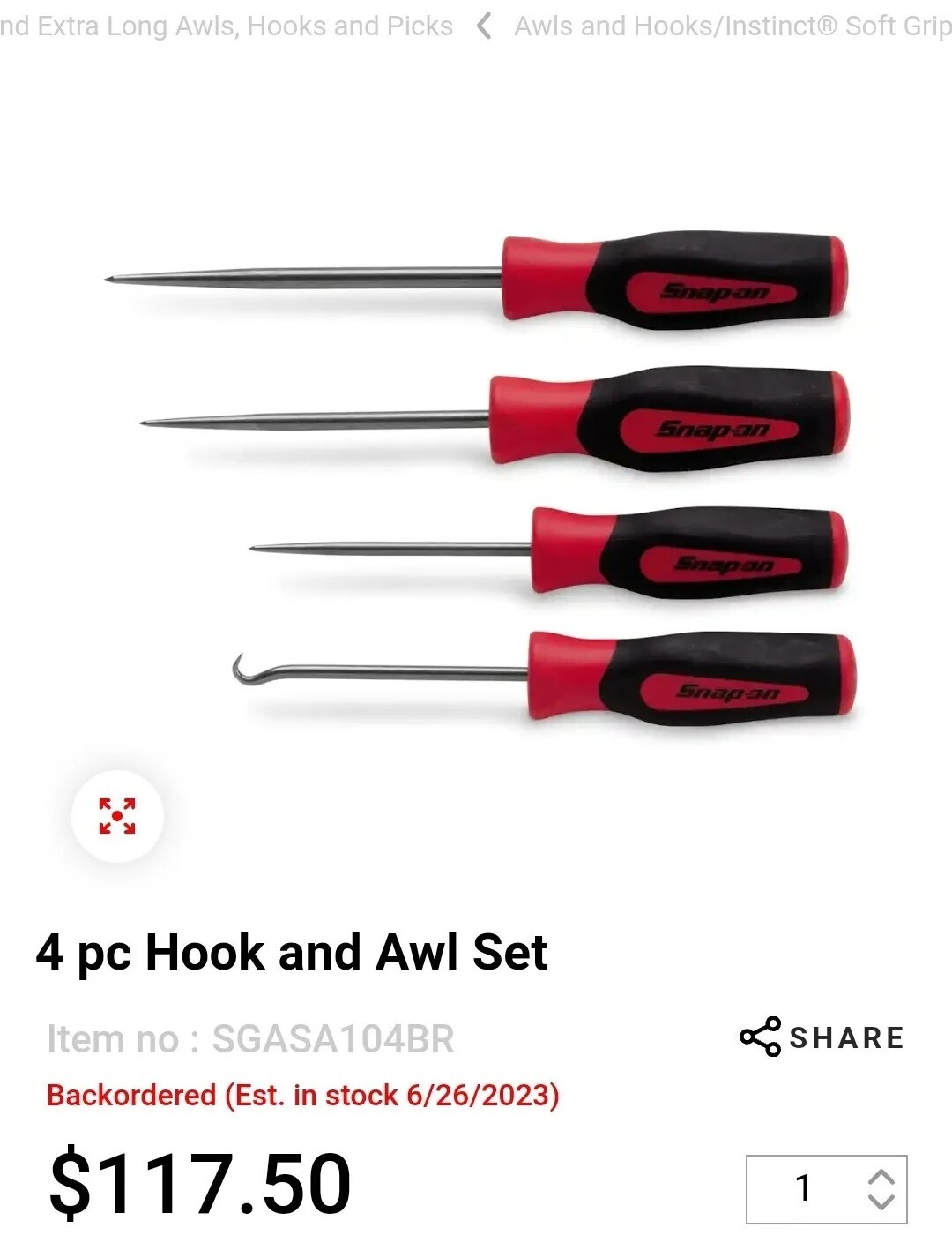 Snap-on SGASA104BR Awl and Hook 4 PC Set for sale online | eBay