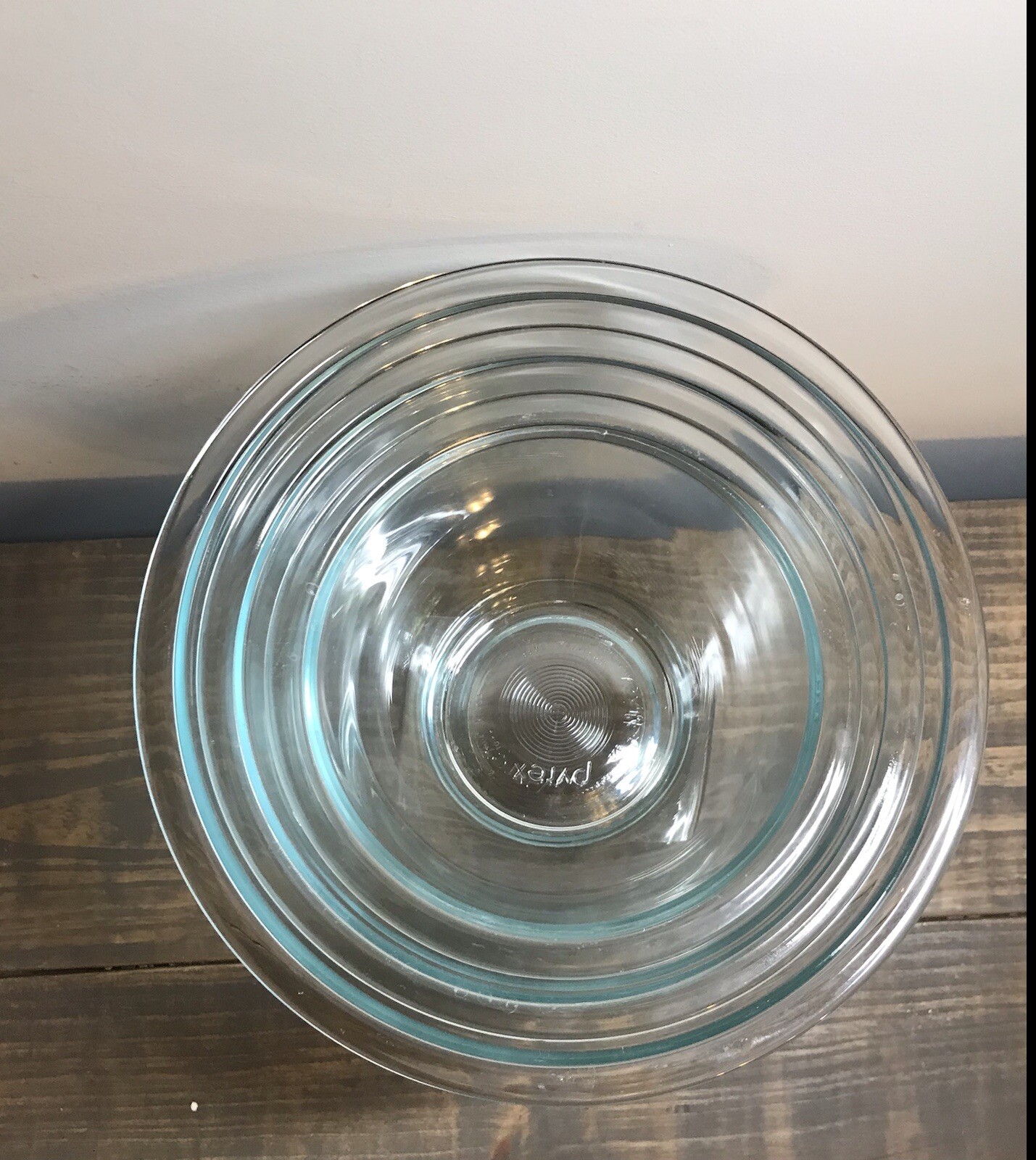 PYREX Set Three Clear Glass Nesting Mixing Bowls 322 323 325 VTG Blue ...