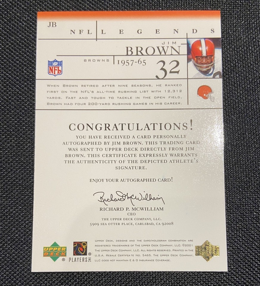 2001 UD Legends JIM BROWN AUTO /50 Upper Deck Autograph SIgnature SP ...