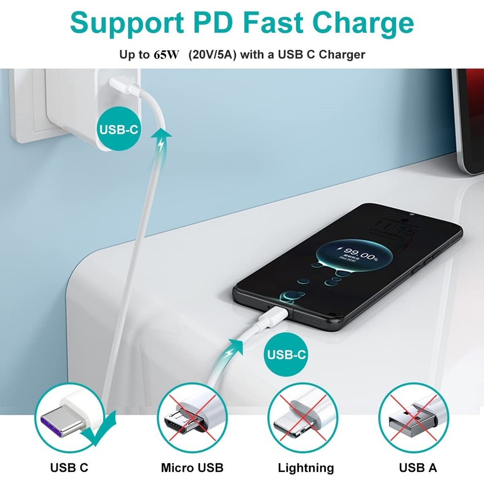 Type C To Type C Cable 65W FAST USB Charging PD Phone Charger Lead Data ...
