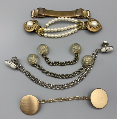 Vtg Gold Tone & Silver Tone Collar Sweater Guards Chains Clips Buttons ...