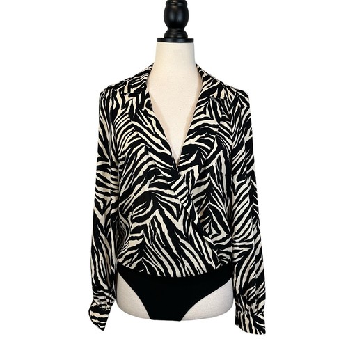 ASOS Zebra Print Thong Bodysuit Long Sleeve Collared Neck Faux Wrap ...