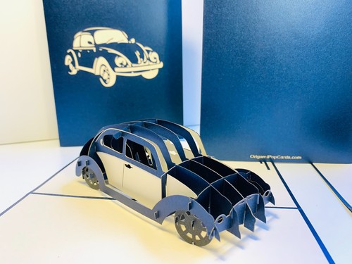 ORIGAMI POP CARDS Metallic Blue Navy Vintage Car VW Happy Birthday Pop ...