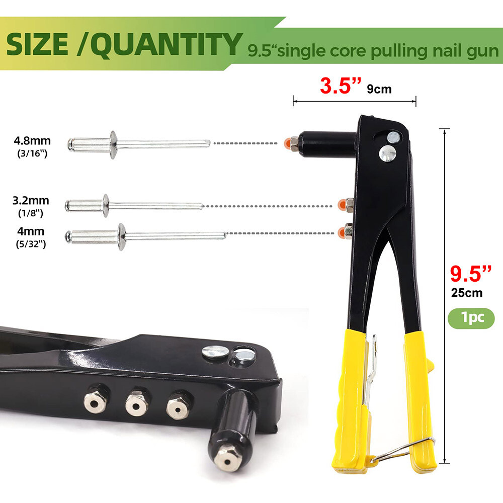 HEAVY DUTY HAND RIVET GUN 4 HEAD NOZZLE RIVETER + 380 ASSORTED POP ...