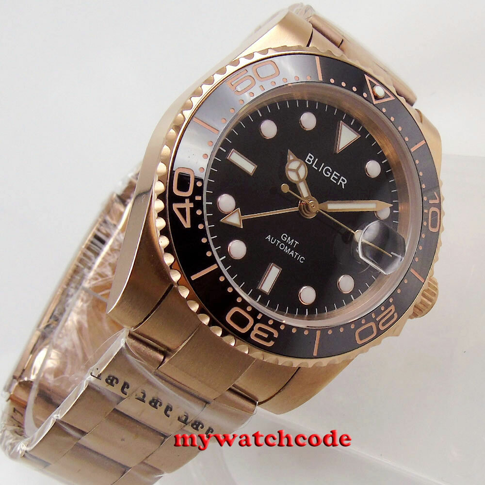 40mm bliger black dial automatic mens watch golden case GMT sapphire ...