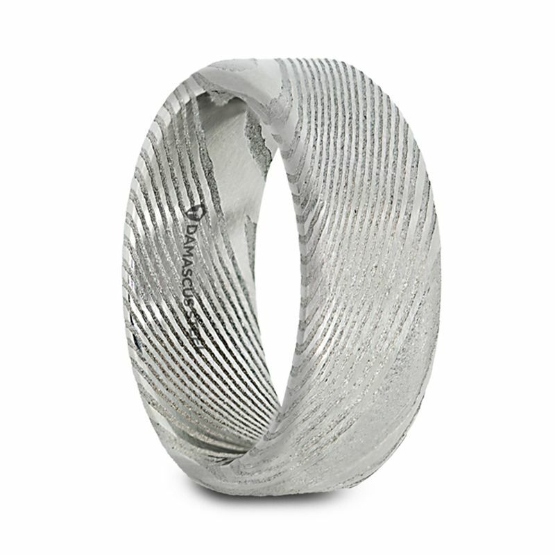 Grey Damascus Steel Men’s Wedding Band with Repeating Artisan Pattern ...