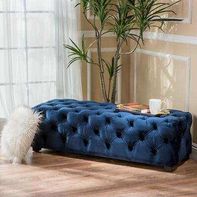 Navy Blue Velvet Tufted Fabric Bench Padded Ottoman Wood Seat Glam Chic ...