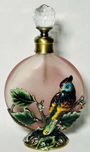 Vintage Parrot Bird Frosted Pink Glass Jeweled Red Eye Enameled Perfume ...