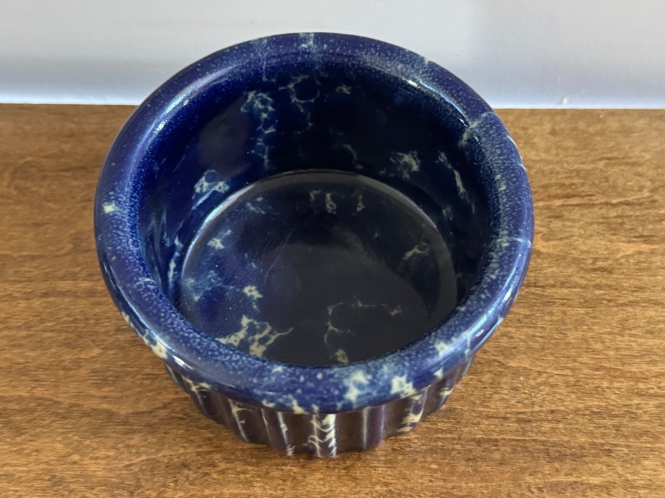 BENNINGTON POTTERS 1884 BUTTER RAMEKIN RIBBED BLUE AGATE SPONGEWARE ...