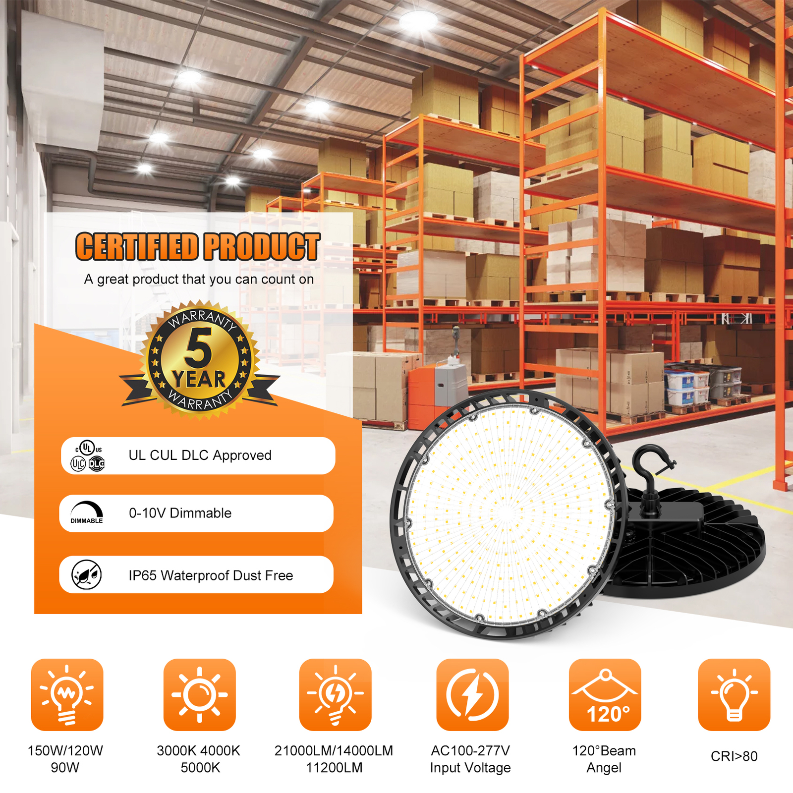 150W Dimmable LED High Bay Warehouse Light Fixture Adjustable 3000K ...