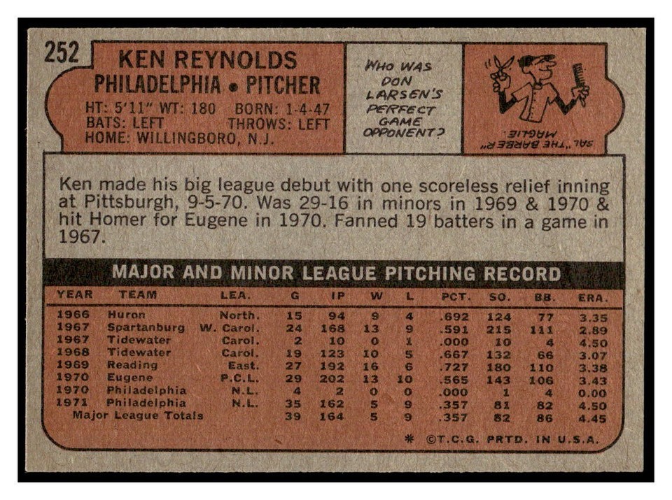 1972 Topps baseball 252 Ken Reynolds Philadelphia Phillies card | eBay