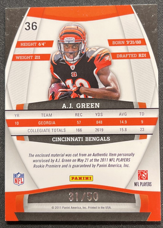 2011 GRIDIRON GEAR A.J. GREEN ROOKIE GRIDIRON GEMS TRIPLE JERSEY PATCH ...