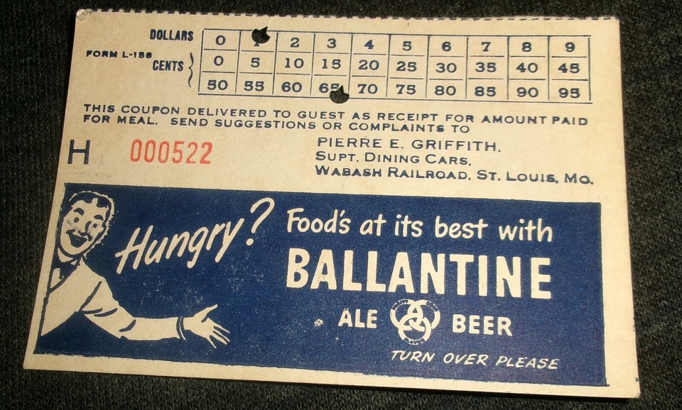 RARE Wabash Railroad Ballantine Beer & Ale Dining Train Car Dinner ...