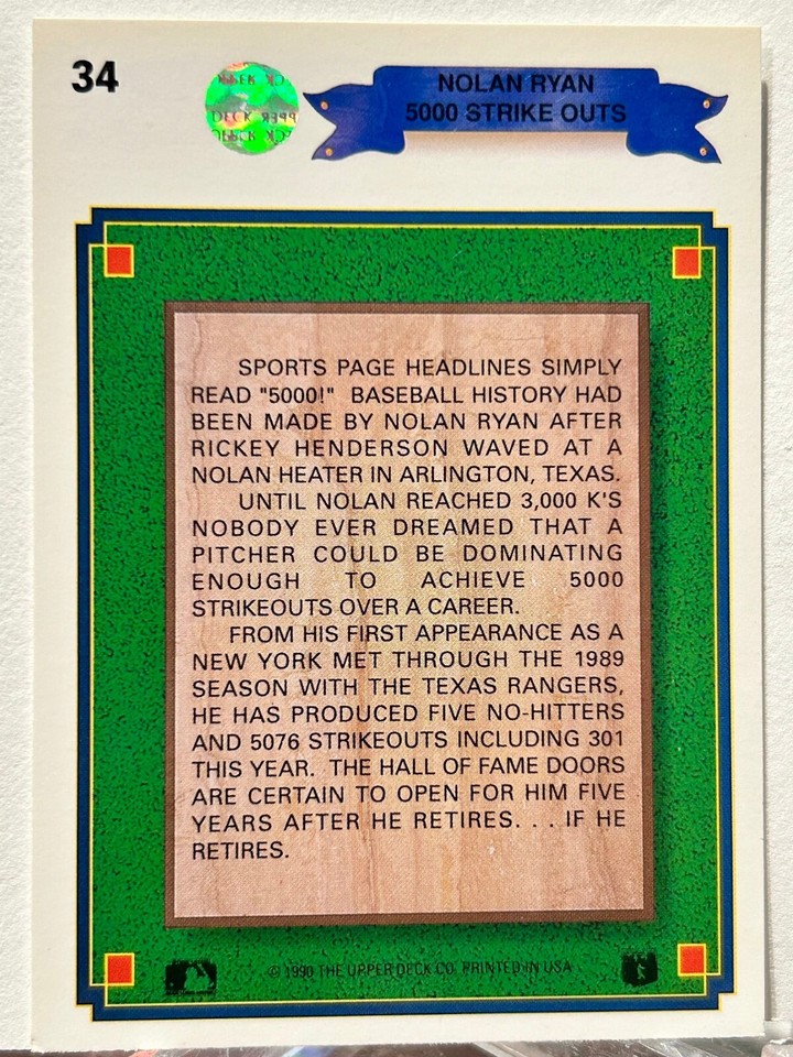 ⚾️ 1990 Upper Deck ⚾️ Nolan Ryan, Texas Rangers, #34 [5000 Strikeouts ...