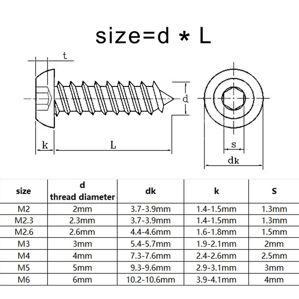 M2-M6 Stainless Steel Allen Hex Socket Button Round Head Self Tapping ...
