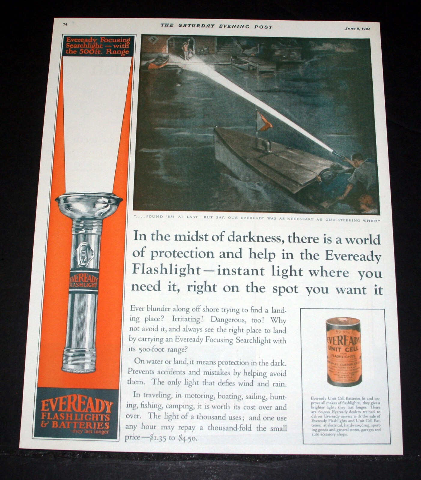 1923 OLD MAGAZINE PRINT AD, EVEREADY FLASHLIGHTS AND BATTERIES, MIDST ...