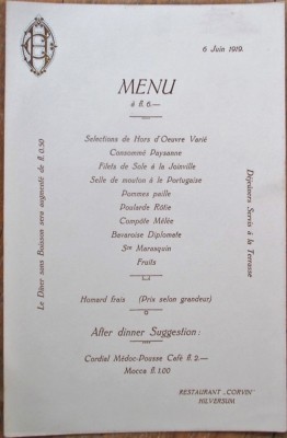 French 1919 Menu, Restaurant Corvin - Hilversum, Netherlands w/Embossed ...