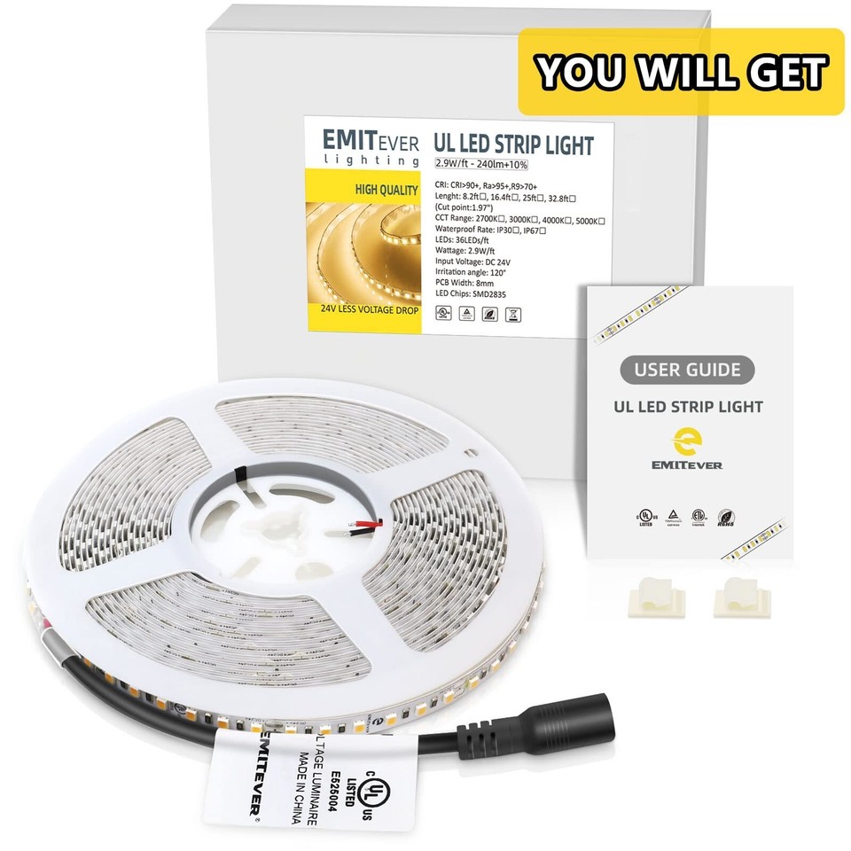 EMITEVER LED Strip Lights Warm White 3000K, UL 24V LED Tape Light, 16 ...