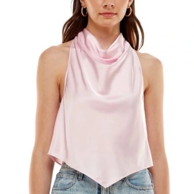 WAYF 98 Pink Satin Drape Halter Neck Sleeveless Top Tie Open Back Women ...