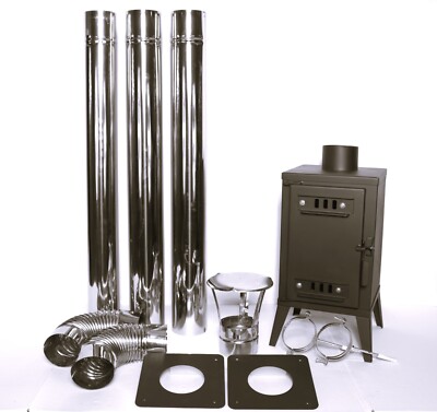 small log burner wood multifuel stove stainless pipes, man cave shed ...