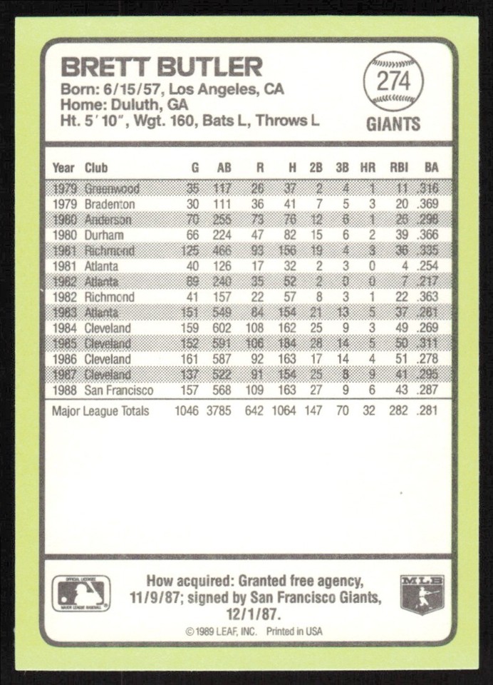 1989 Donruss Baseball's Best Brett Butler #274 San Francisco Giants | eBay