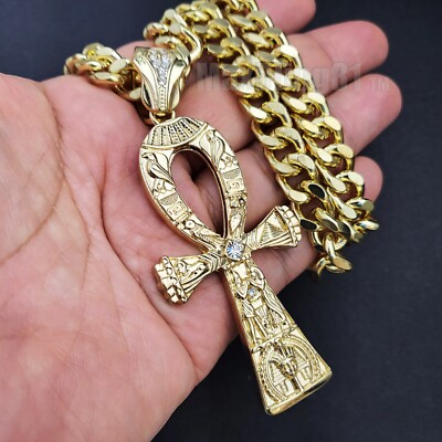 Cubic Zirconia Iced Large Gold Ankh Cross Pendant & 10mm Cuban Chain ...