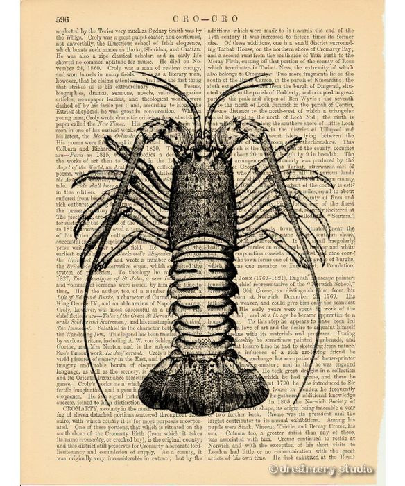 Crawfish Art Print on Vintage Book Page Home Kitchen Hanging Decor ...