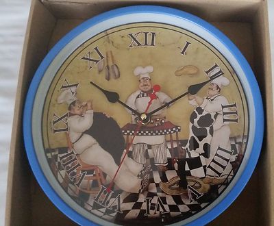 Plastic Wall Clock,9", blue rim, roman numbers, FAT CHEF, 3 GOURMET ...