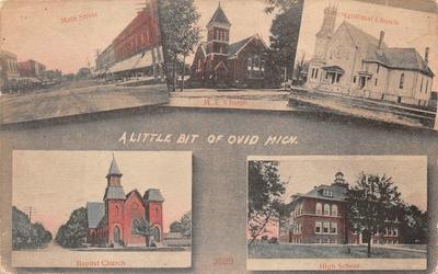 OVID MICHIGAN MAIN STREET CHURCH HIGH SCHOOL MULTI-VIEW POSTCARD 1909 ...
