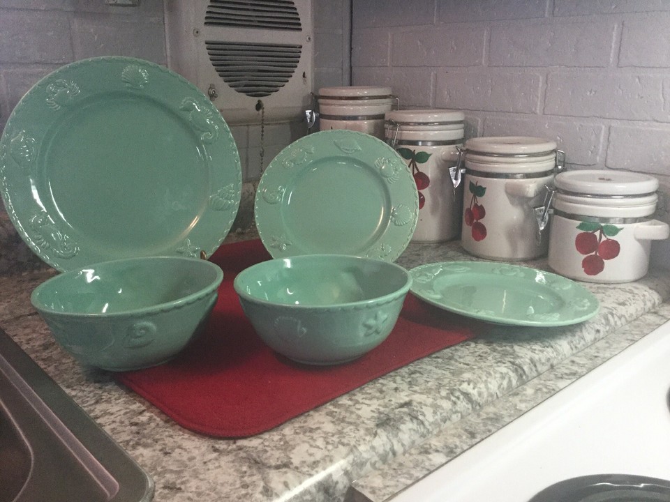 NWT Global Design Connections Set 5 Sanibel Sea Shell Aqua Plates And ...