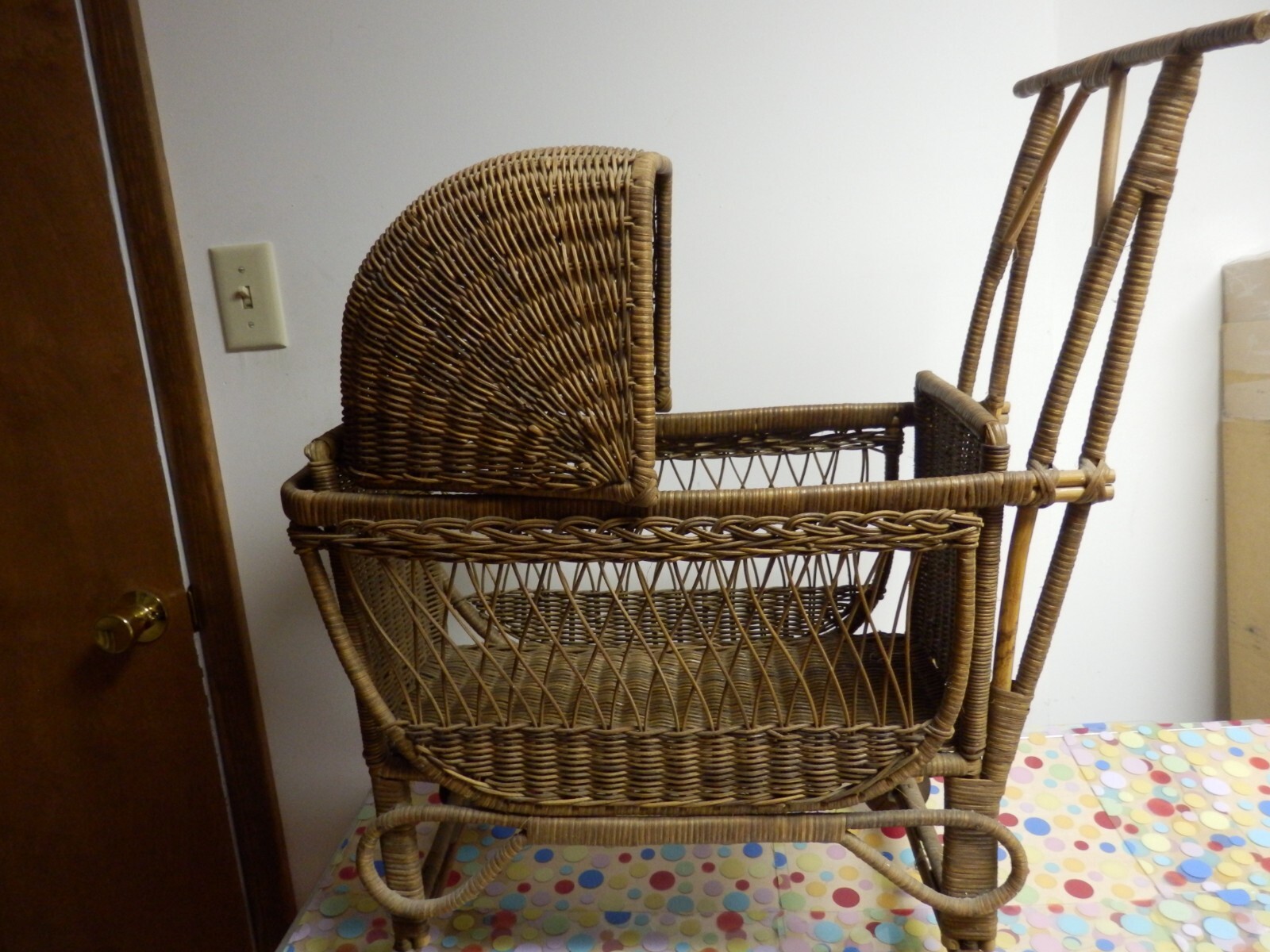 Vintage Wicker & Wood Rattan Doll Pram Carriage Buggy Stroller W ...