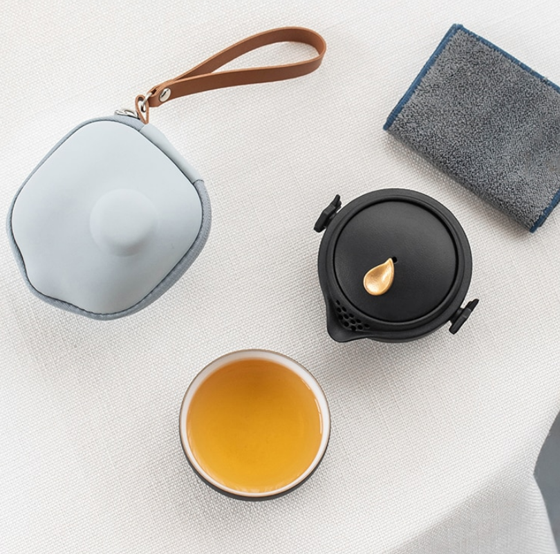 Portable Black Ceramic Tea Set Travel Bag Teapot Single Tea Cup Loose ...