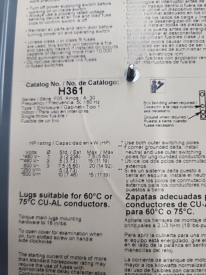 SQUARE D H361 30 AMP FUSIBLE HEAVY DUTY SAFETY SWITCH 600 VAC/VDC ...