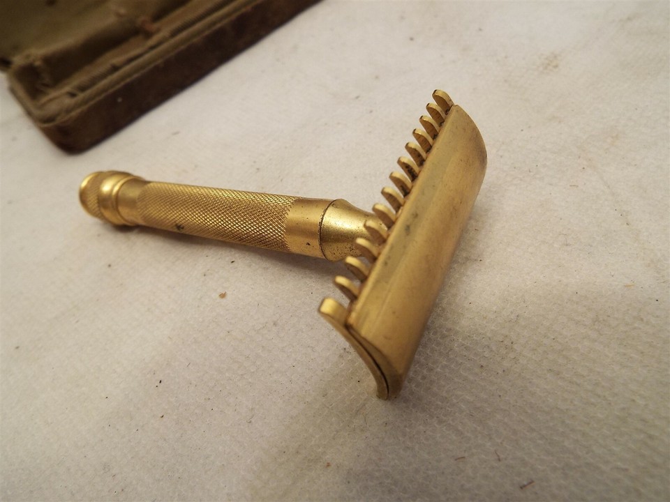 Vintage WWI Era Gillette Gold Tone Khaki Razor 3 Piece in Box Safety ...