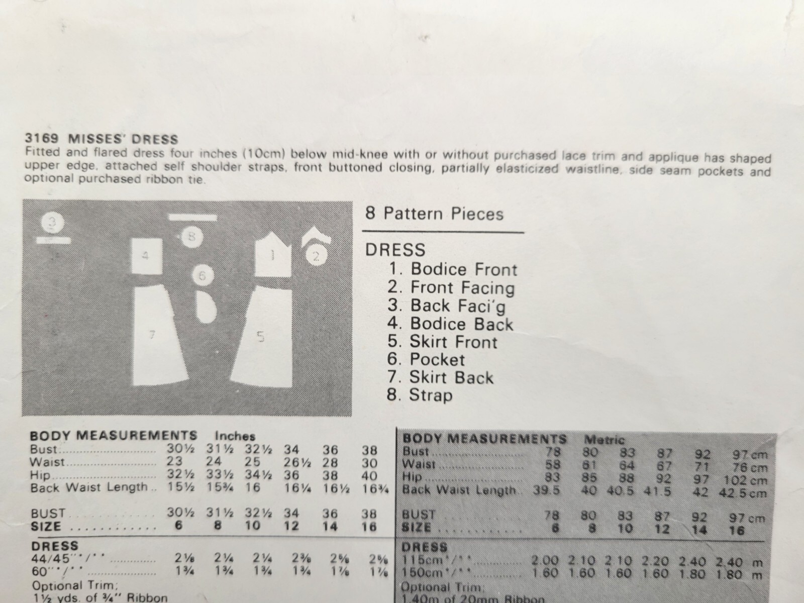 Vtg Butterick Fast & Easy Fitted & Flared Dress Pattern #3169 Size 8 ...