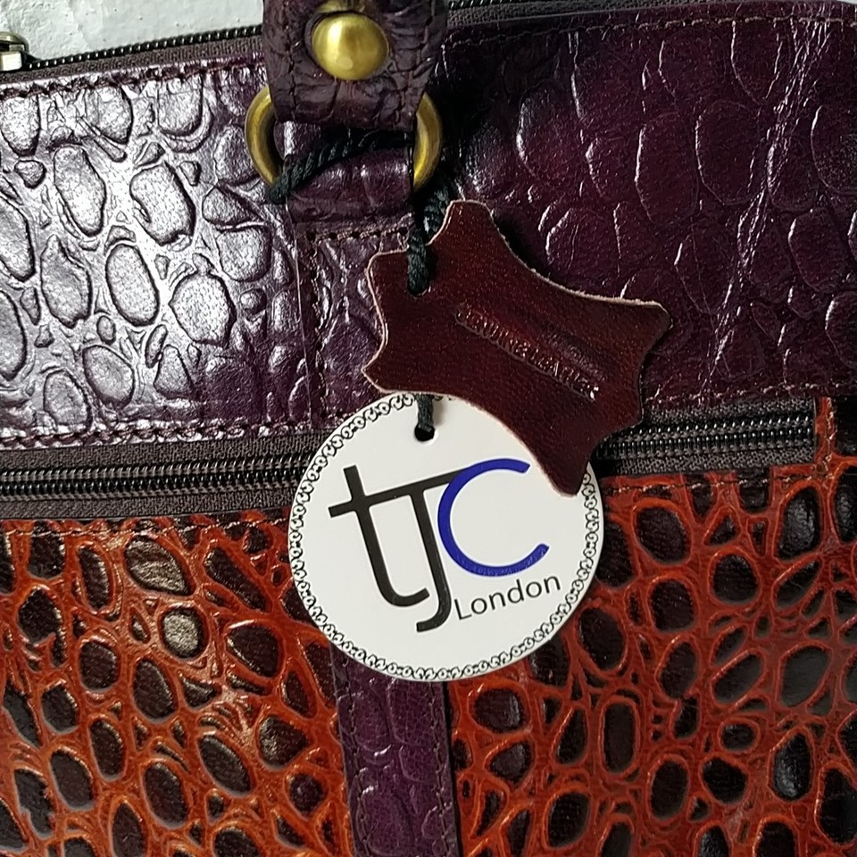 TJC of London,Genuine Leather Croc Embossed Two Tone Brown Tote Bag ...