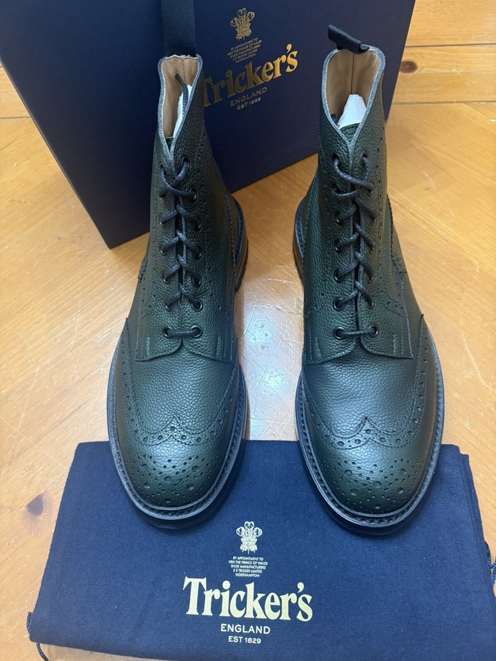 Made In UK - 11 US (10UK) - Trickers -Stow Boots - GREEN Scotch Grain ...