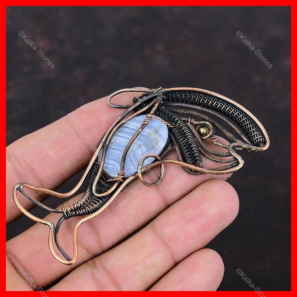 Copper Oval Natural Blue Lace Agate Wire Wrapped Fish Artisan Pendant ...