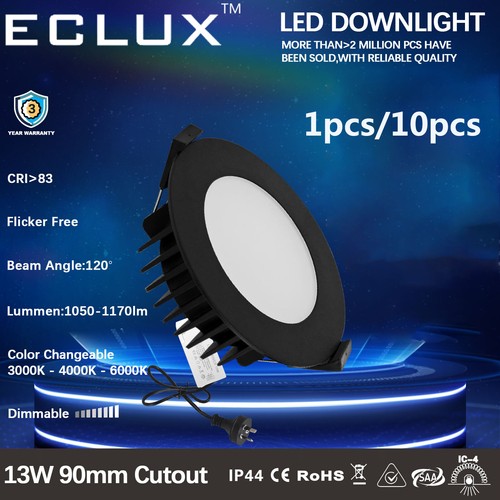 13W LED Dimmable Downlight Tri Colour 90-95mm Cut Out Black Flat Face ...