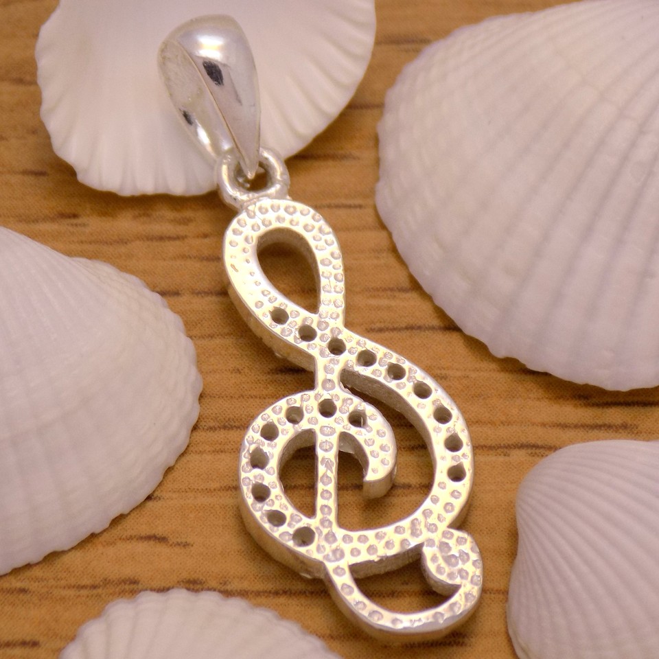 Cute 925 Sterling Silver Musical Treble Clef White CZ Pendant &Gift ...