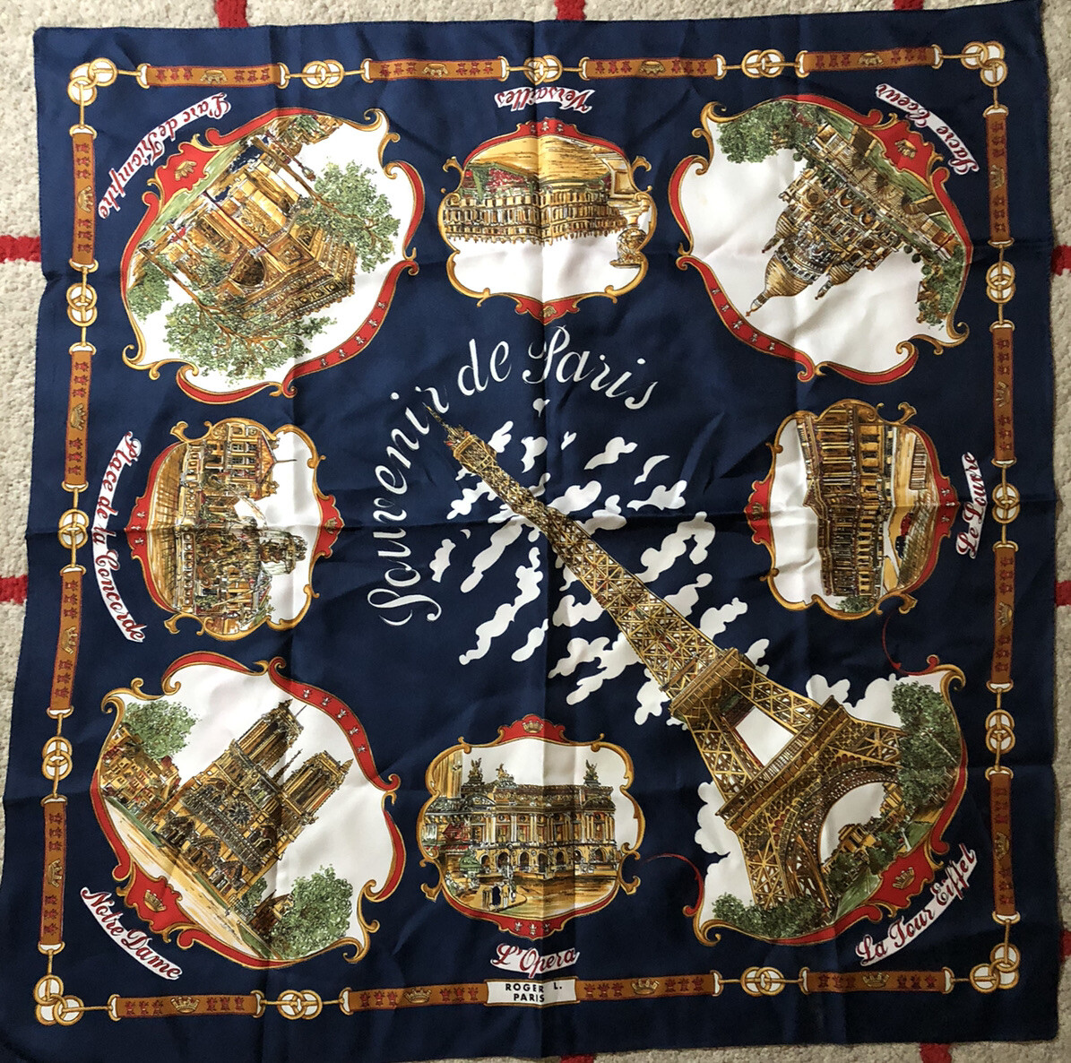 Vintage Large SILK Souvenir SCARF Paris Eiffel Navy Gold by Roger L ...