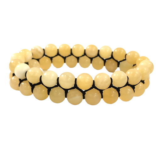 Round Beaded Natural Yellow Calcite Gemstone Two Strand Stretchable ...