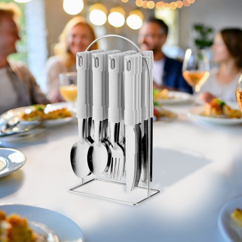 24PC WHITE CUTLERY SET STAINLESS STEEL STAND UTENSIL FORK SPOON HOLDER ...